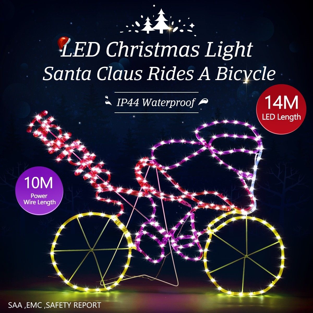 New Christmas Lights Santa Riding Bicycle Motif 14M LED Rope Xmas ...