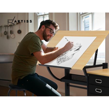 Artiss Drawing Desk With Stool Tilt Drafting Table Set Drawer Art Craft Student Natural Black