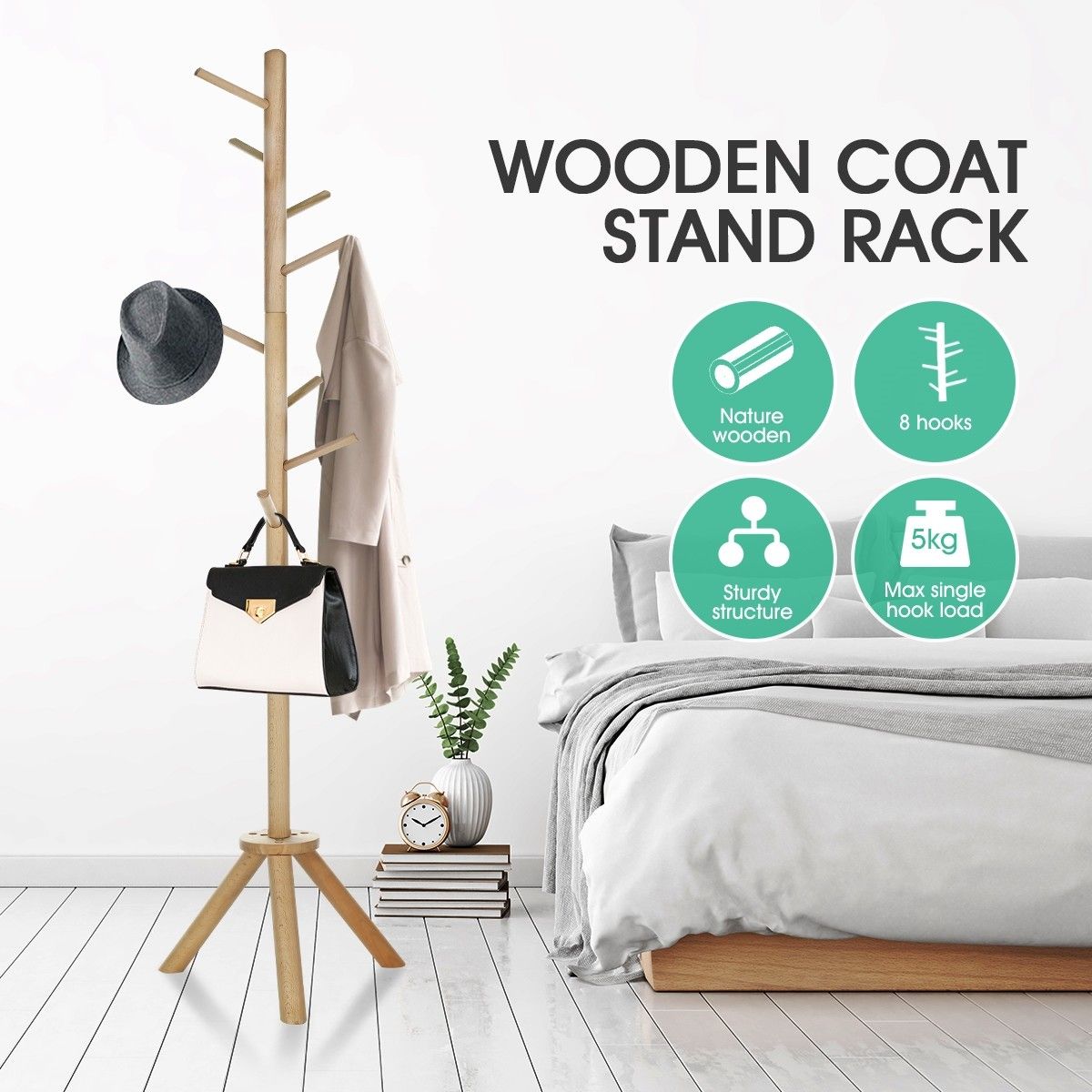 Wooden Coat Stand Rack Clothes Hanger Natural Colour