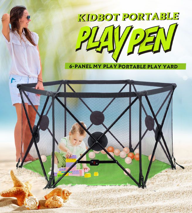 Kidbot Travel Child Pop Up Playpen Foldaway Baby Playpen 6-Panel Green ...
