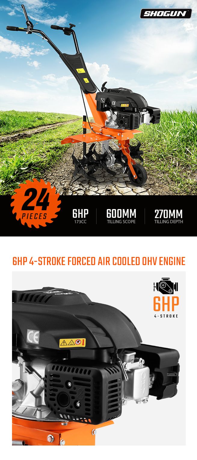 SHOGUN 6HP Petrol Rotary Hoe Tiller Garden Cultivator Rototiller with ...