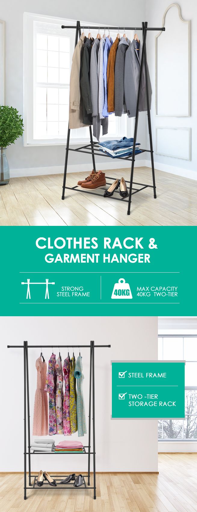 New Clothes Rack Garment Display Clothing Hanger Stand with Two Shelves ...