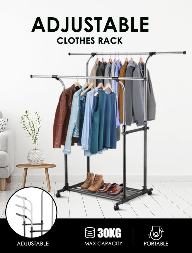 New Double Rail Clothes Garment Rack Adjustable Clothing Organiser ...