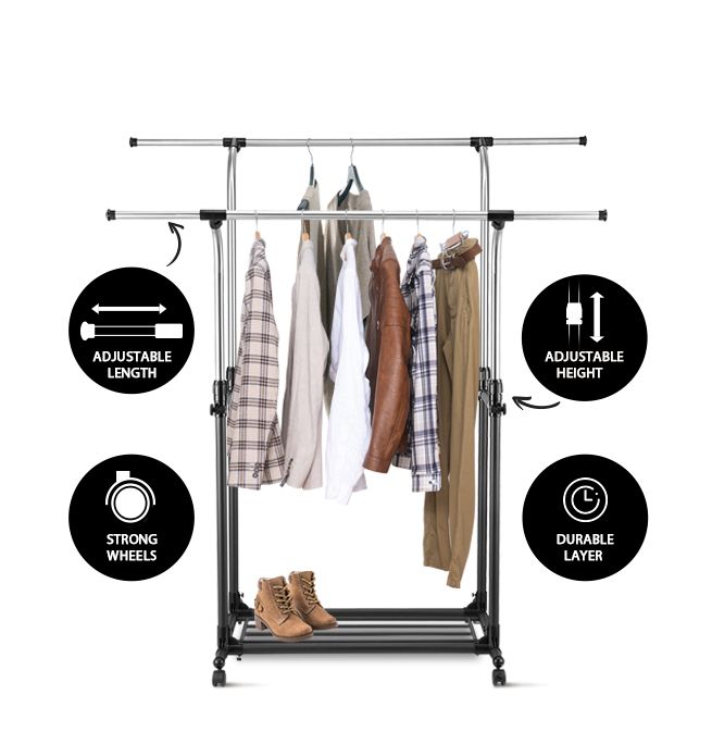 New Double Rail Clothes Garment Rack Adjustable Clothing Organiser ...