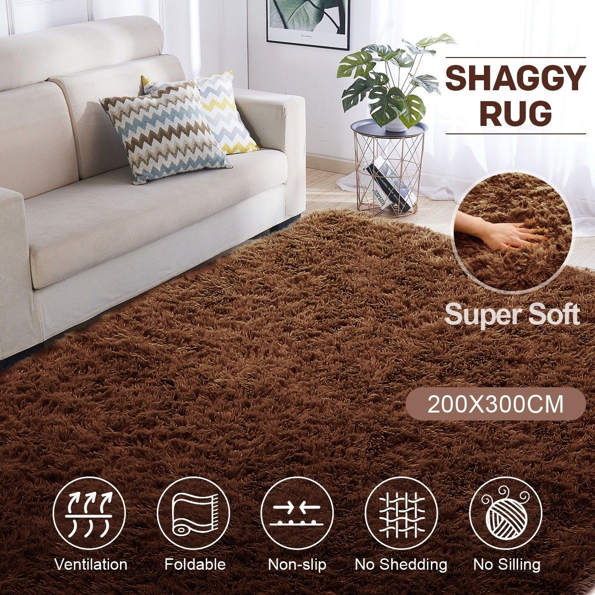 Brown 2x3m Fluffy Shaggy Rug Carpet Soft Area Rug Anti-slip Floor Mat ...