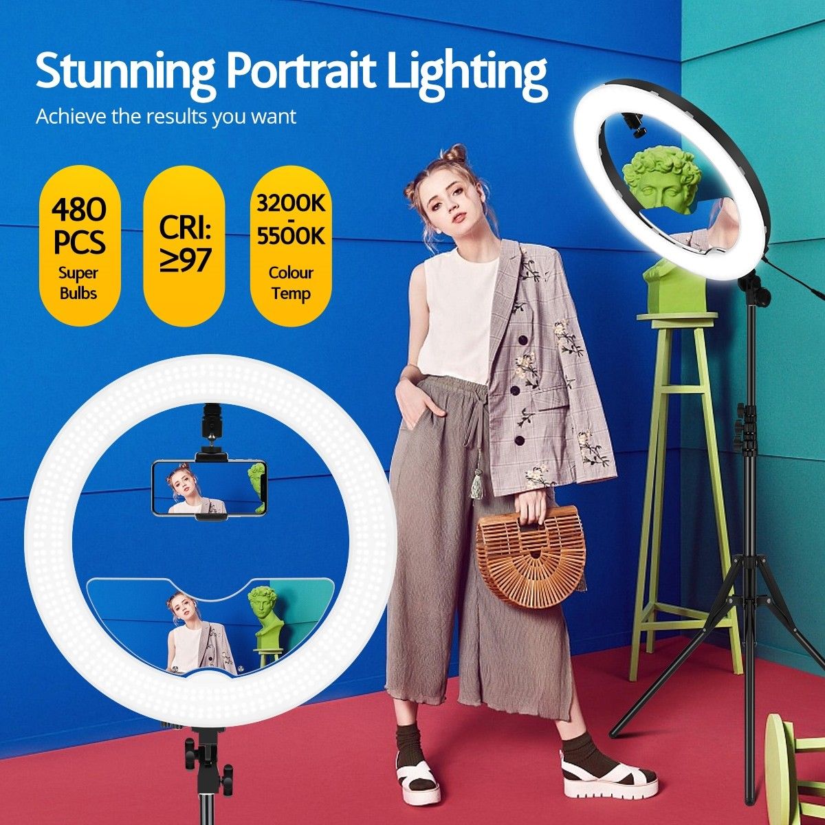 480 LED 18" Dimmable LED Ring Light Adjustable with Stand for Makeup ...