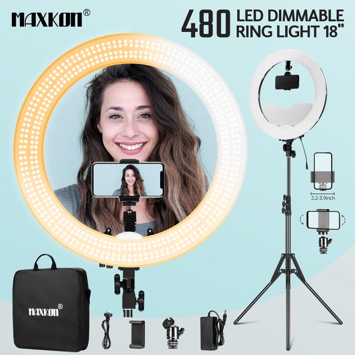480 LED 18" Dimmable LED Ring Light Adjustable with Stand for Makeup ...