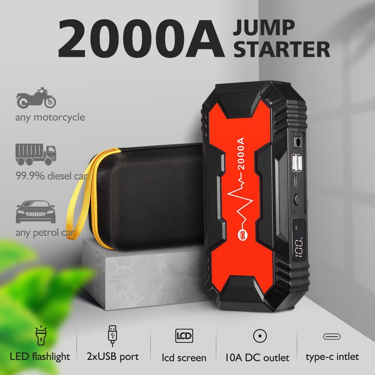 12V 2000Amp 368000mAh Jump Starter Box Battery Pack Power Bank for Car