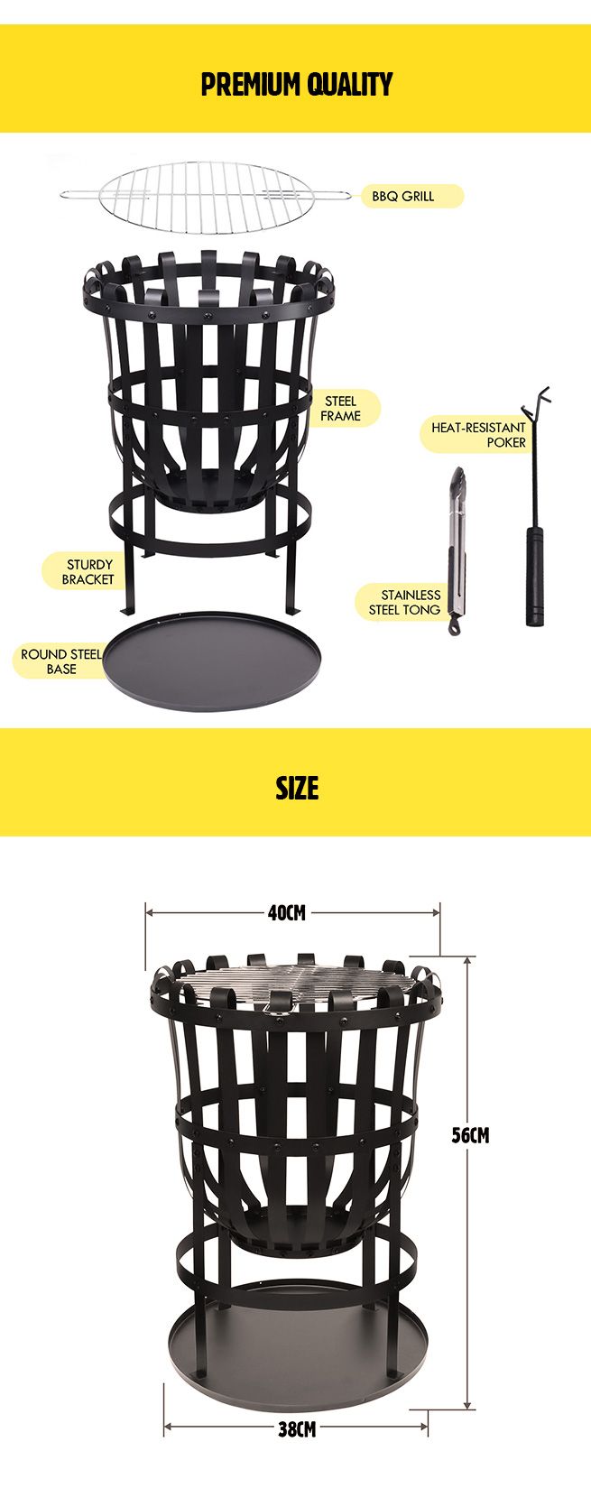 16" Fire Pit BBQ Grill Fireplace Outdoor Portable Brazier Camping Patio ...