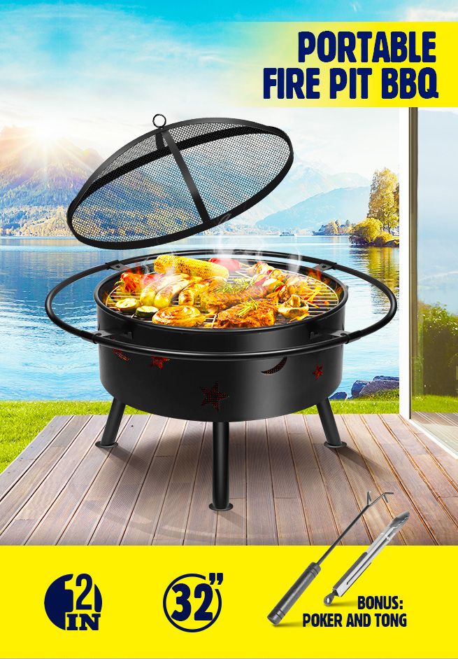 32" 2-in-1 Fire Pit BBQ Grill Outdoor Fireplace Brazier Portable ...