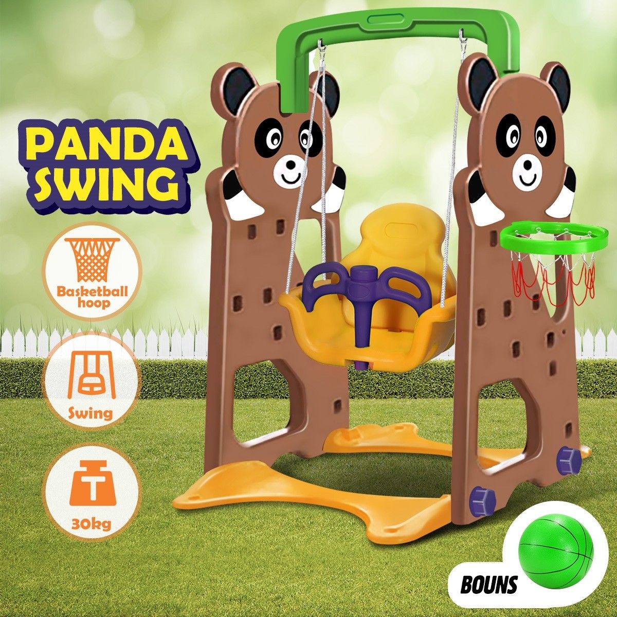 2-in-1 Panda Swing Set with Basketball Hoop