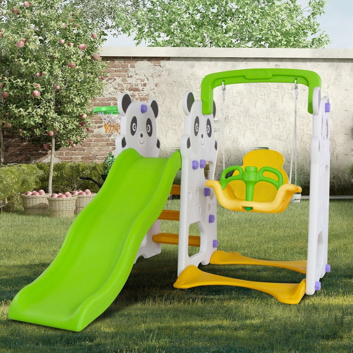 3-in-1 Kids Plastic Slide Swing Set with Basketball Hoop | Crazy Sales