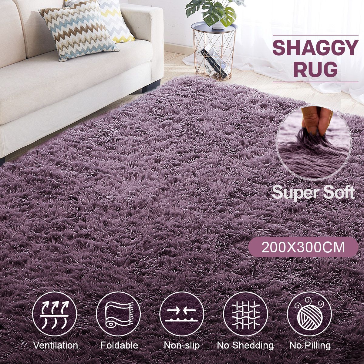 2x3m Fluffy Shaggy Rug Carpet Soft Area Rug Anti-Slip Floor Mat for ...