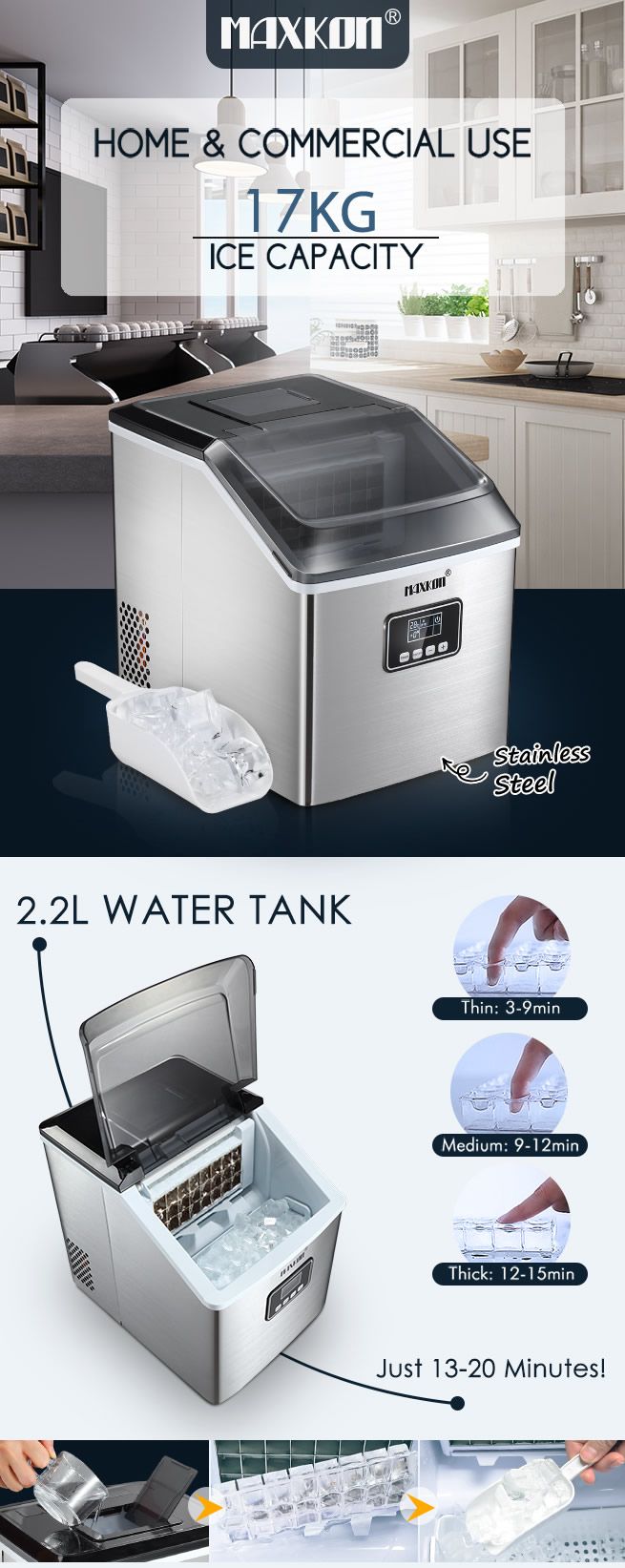 Maxkon 17 Kg Home Ice Maker Machine Stainless Steel Countertop ...