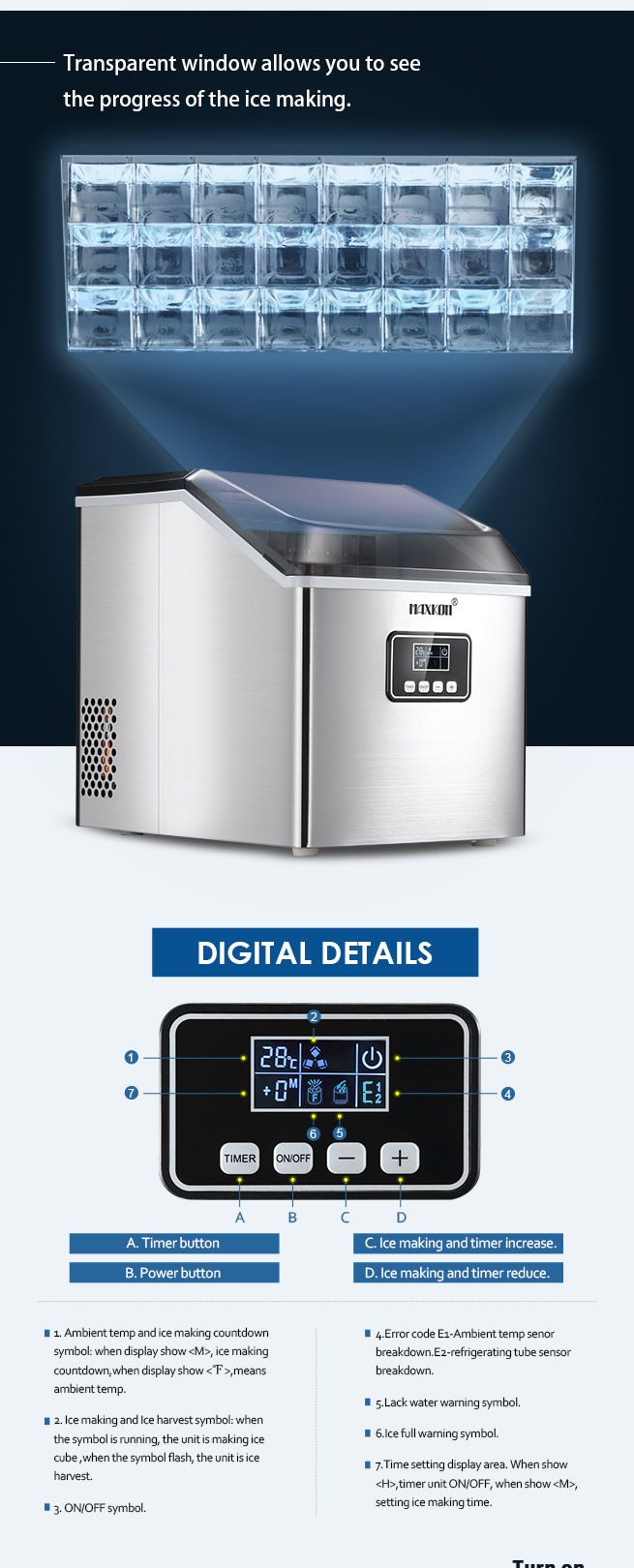 Maxkon 17 Kg Home Ice Maker Machine Stainless Steel Countertop ...