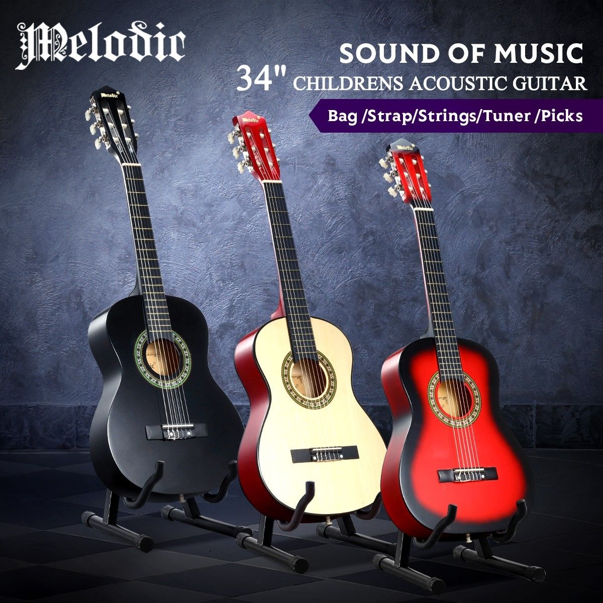 Melodic 34inch Kids Acoustic Guitar 6 Strings Tuner Cutaway Wooden Kids ...