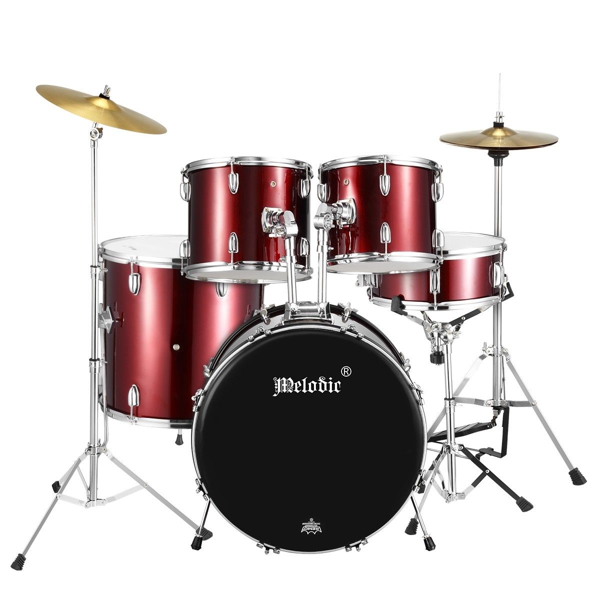 Melodic Full-size 5 Piece Drum Kit with Double Braced Hardware Cymbals ...