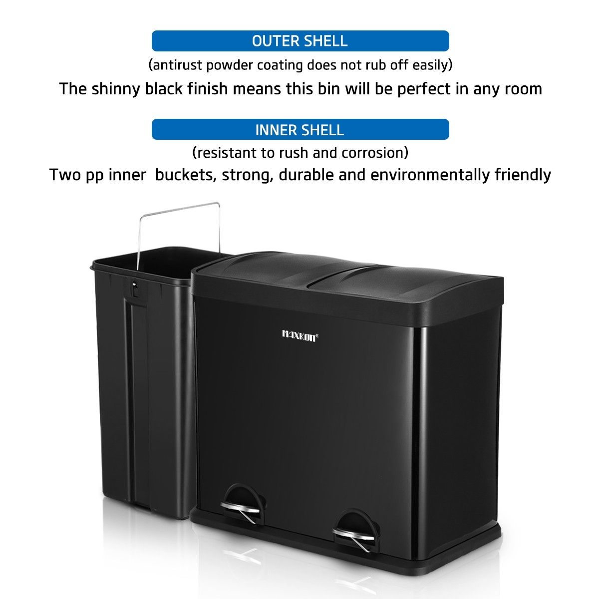 48L Dual Compartment Pedal Bin Kitchen Recycling Waste Bins Coated ...