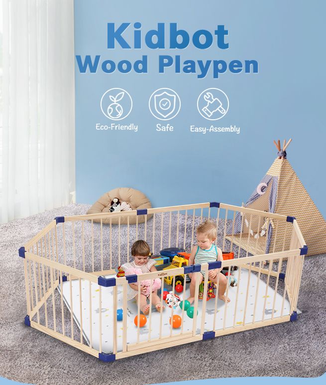 Kidbot 8-Panel Wooden Baby Playpen Kids Activity Play Center Safety ...