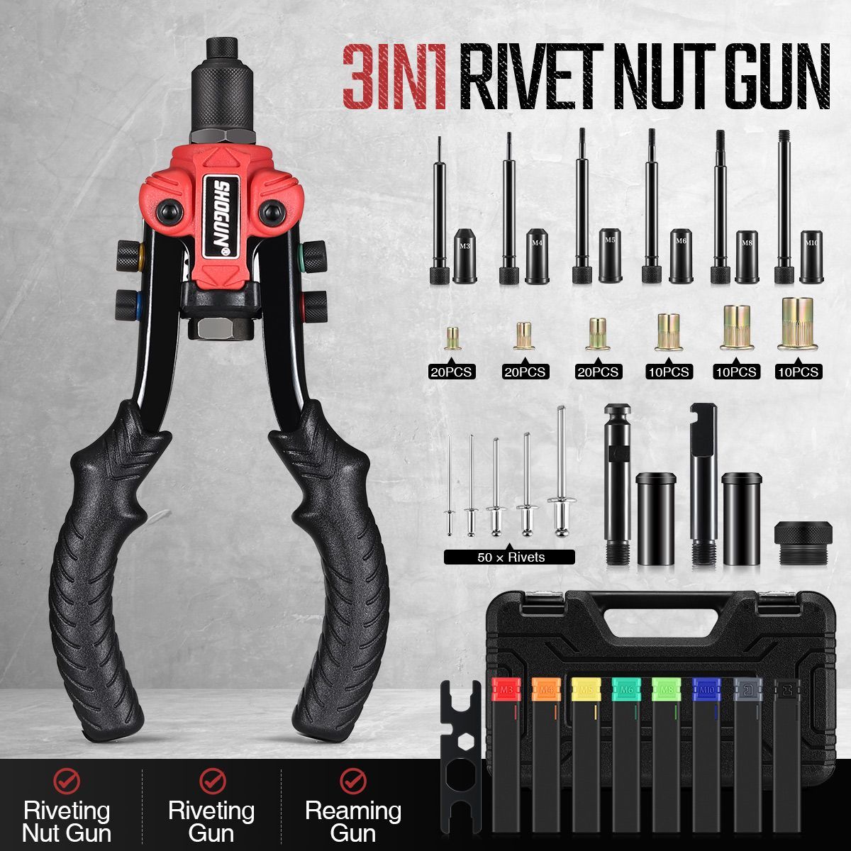 3-in-1 Heavy-duty Hand Rivet Nut Gun Reaming Tool Set with 90 Rivets ...