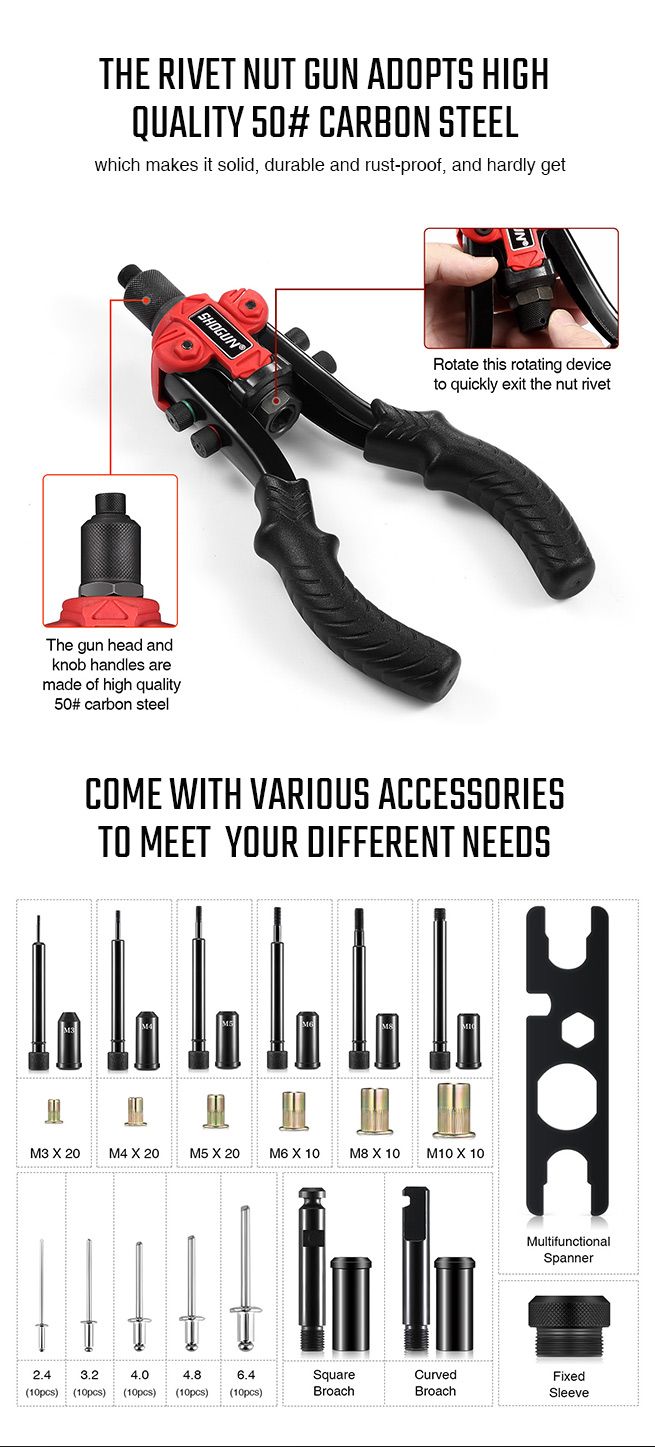 3-in-1 Heavy-duty Hand Rivet Nut Gun Reaming Tool Set with 90 Rivets ...