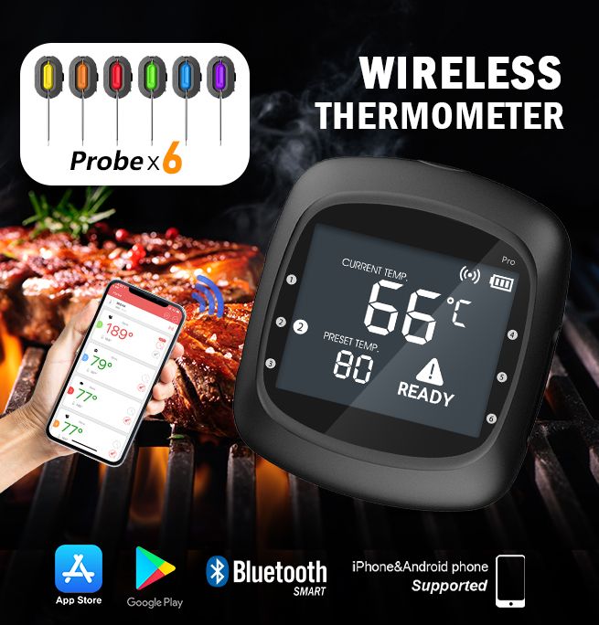 Wireless Smart BBQ Meat Cooking Thermometer Bluetooth with 6 Probes and ...