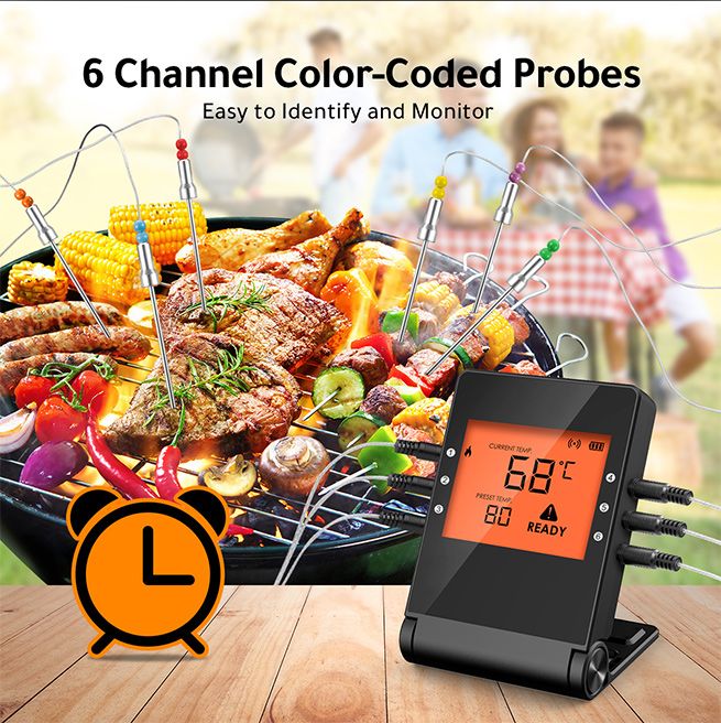 Remote Digital Wireless Cooking Food Meat Thermometer 6 Probes for BBQ ...
