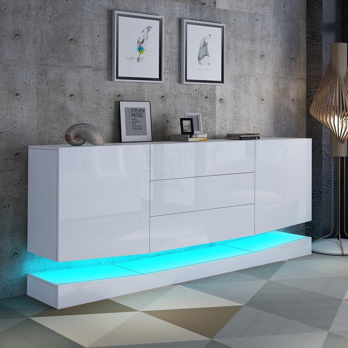 180cm Wall Mounted Sideboard Buffet Cupboard 2 Cabinets 3 Drawers High ...