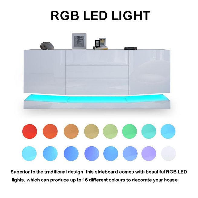 180cm Wall Mounted Sideboard Buffet Cupboard 2 Cabinets 3 Drawers High ...