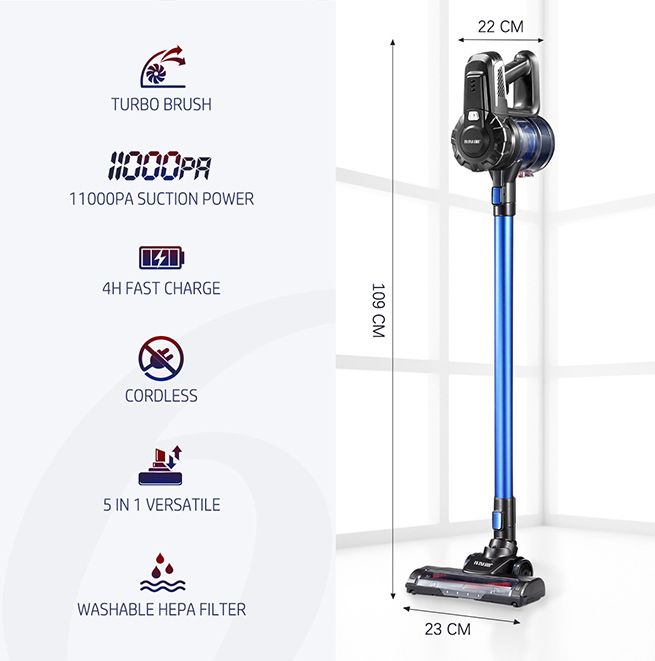 2-Speed Cordless Vacuum Cleaner 11kPa Handheld Stick Cleaner HEPA ...