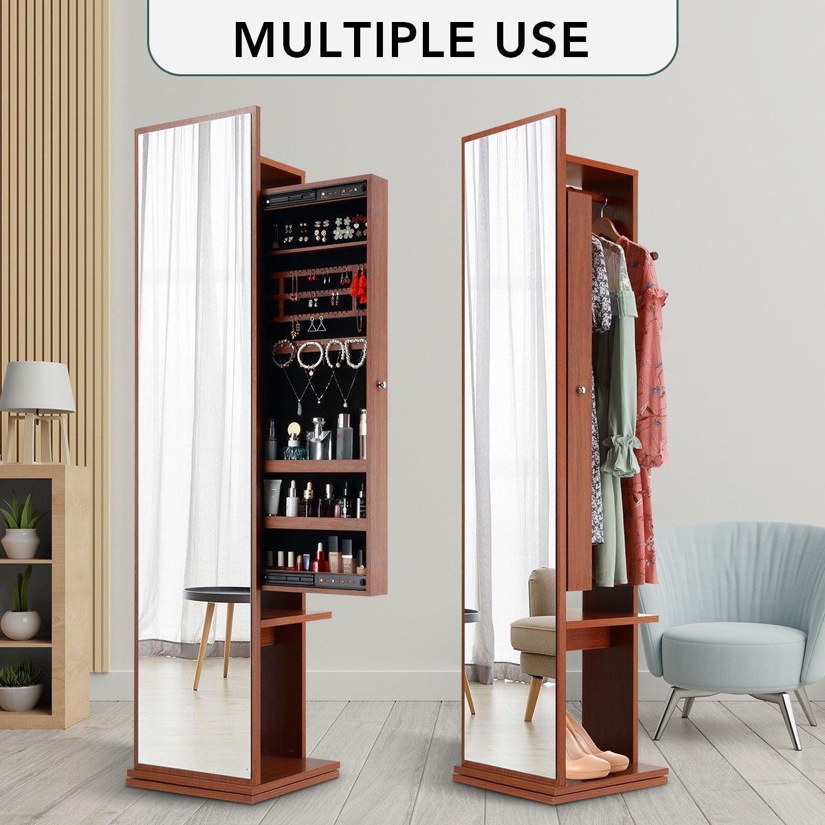 Slim Rotating Mirror Storage Cabinet Free Standing Jewellery Armoire ...