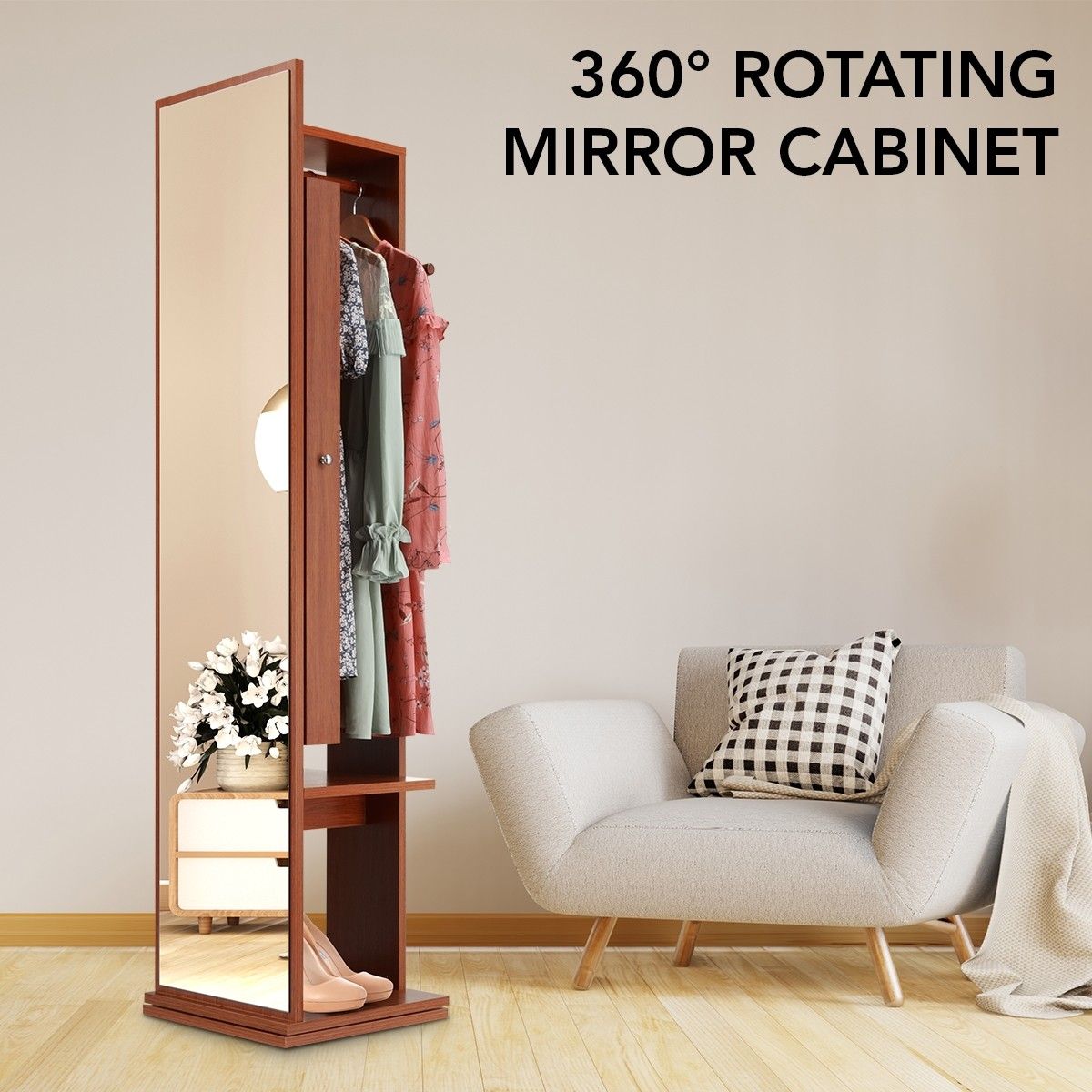 Slim Rotating Mirror Storage Cabinet Free Standing Jewellery Armoire ...