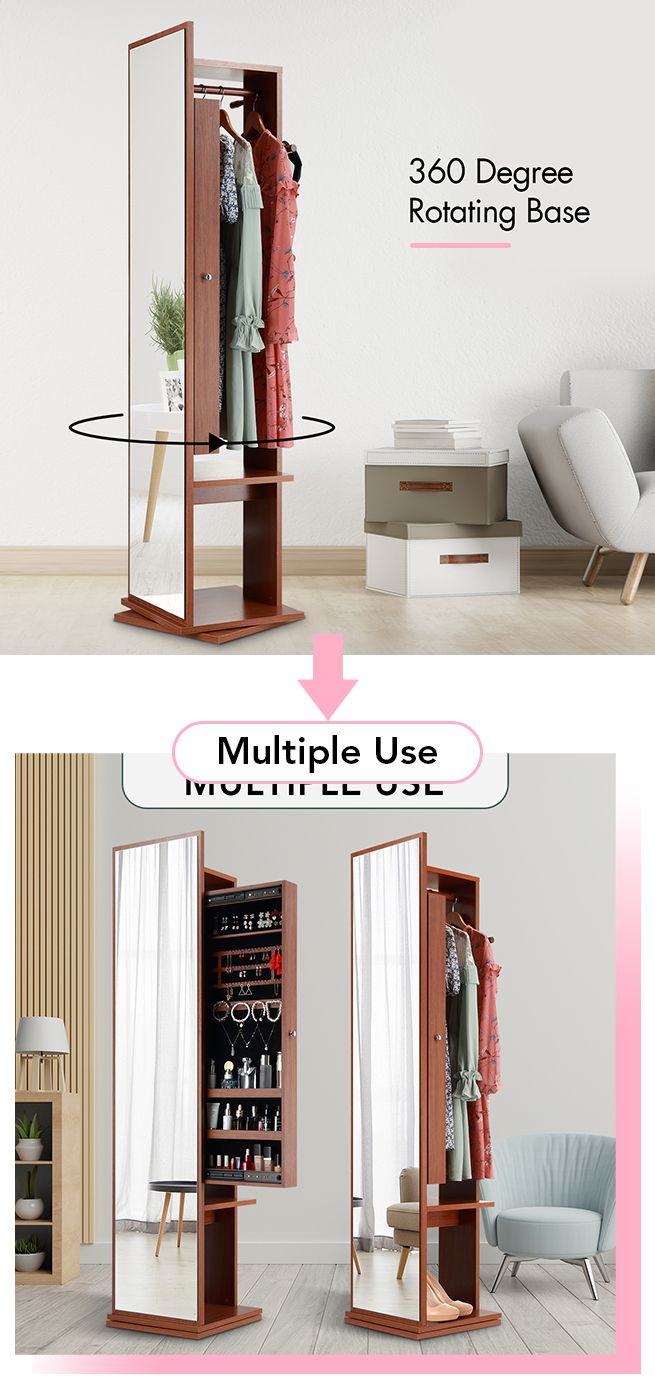 Slim Rotating Mirror Storage Cabinet Free Standing Jewellery Armoire ...