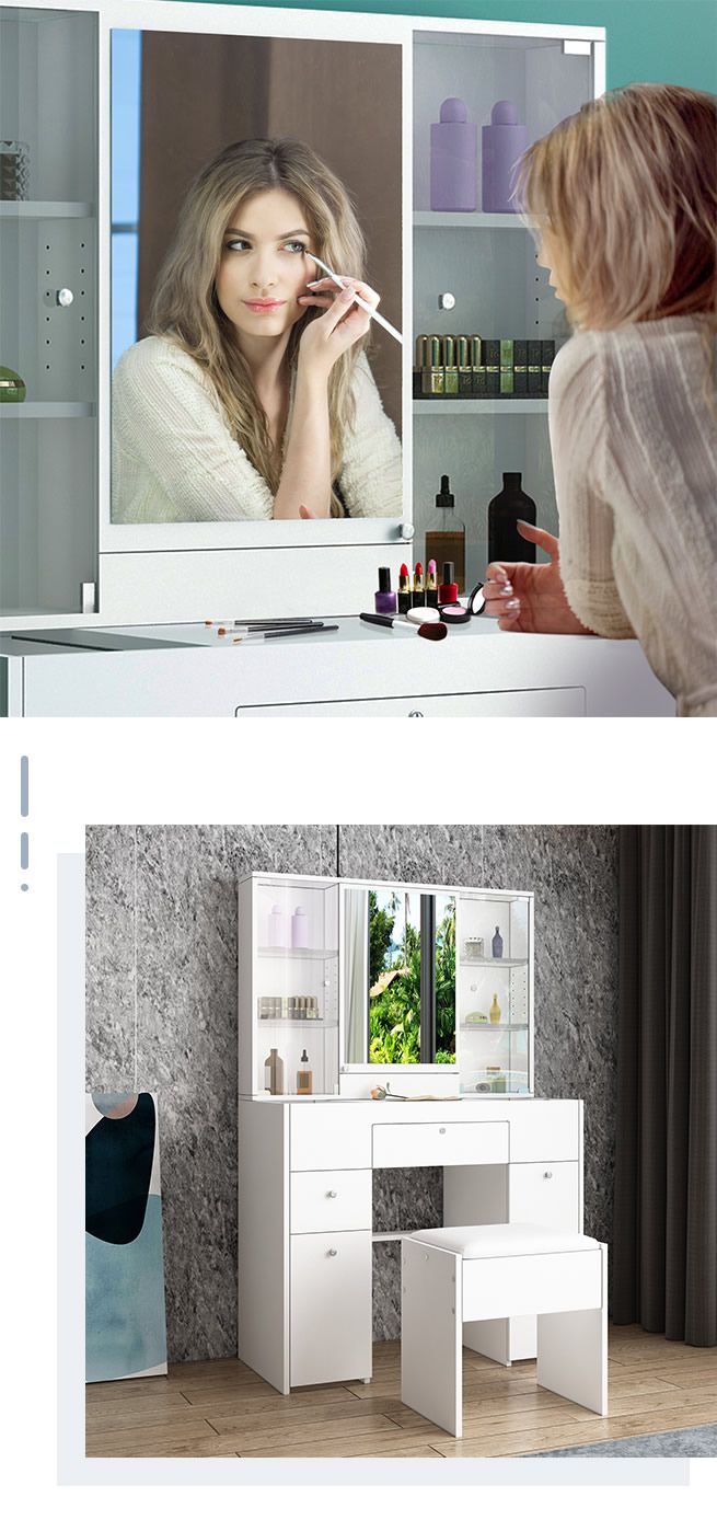 Wooden Makeup Vanity Table Mirror Dressing Table Stool Set with Drawers ...