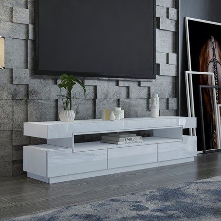 200cm TV Cabinet Bench 3 Drawer Television Unit Stand White High Gloss ...
