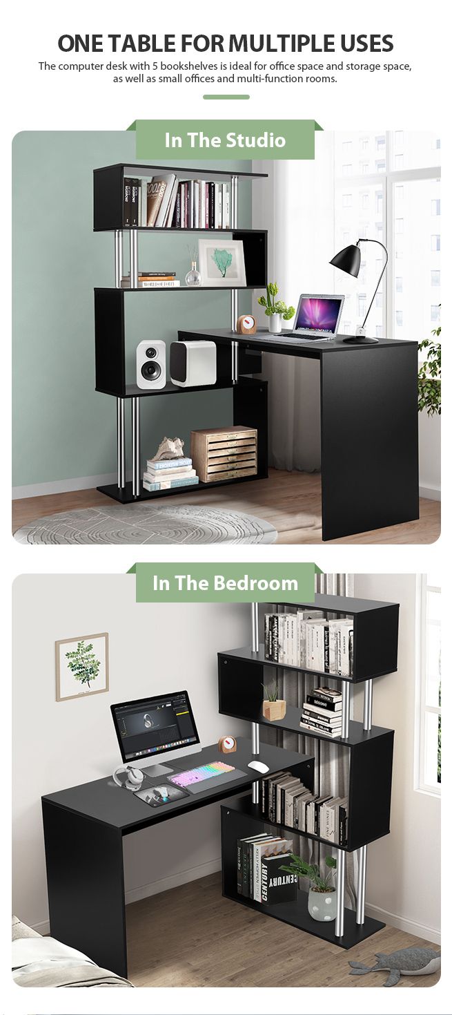 L-Shaped Rotating Home Office Desk Corner PC Computer Table W/ Hutch 4 ...