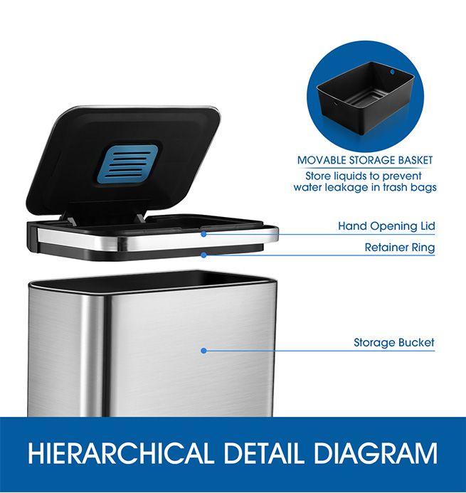 50L Stainless Steel Bin Kitchen Rubbish Bin Recycling Bin Trash Garbage ...