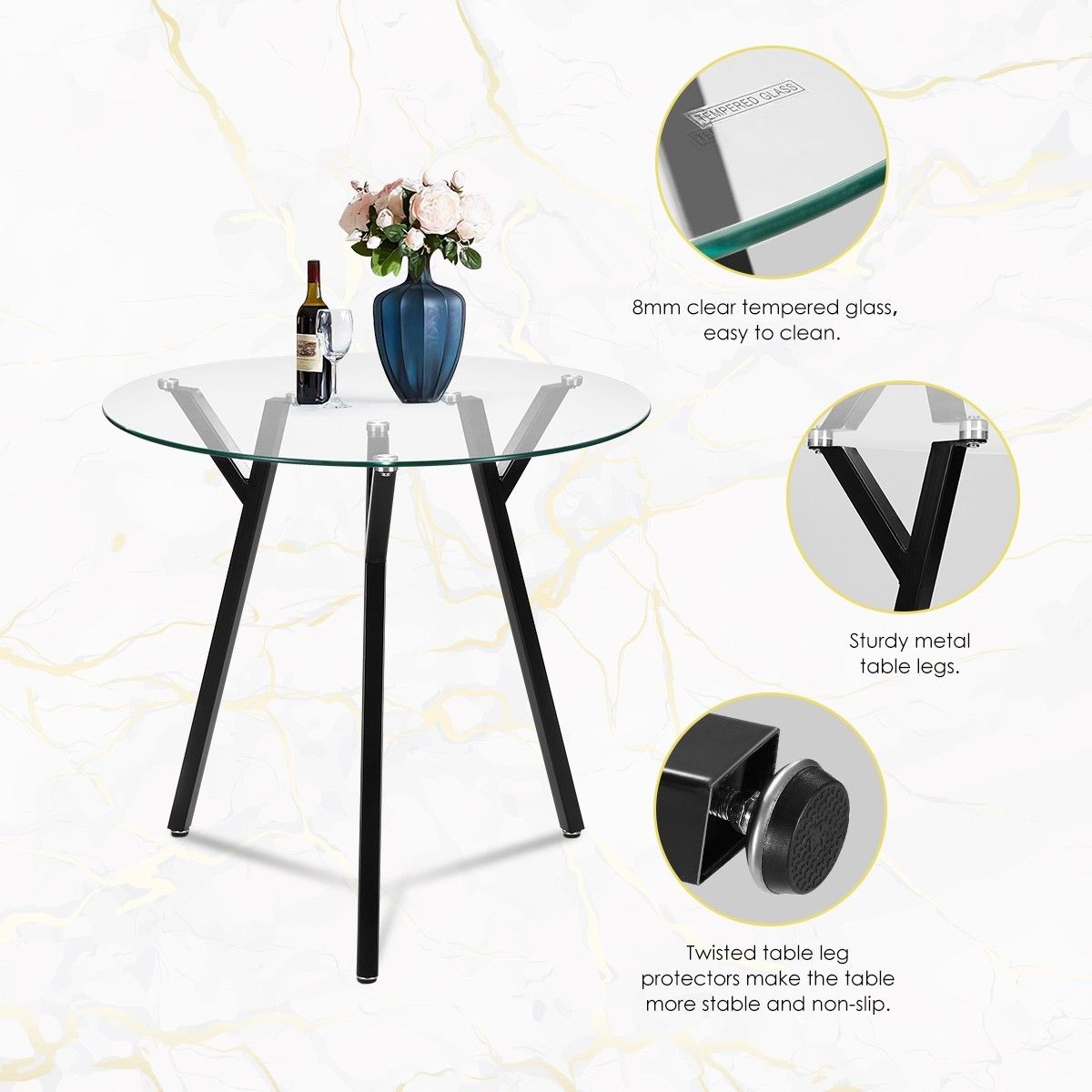 Round Glass Dining Table Kitchen Table with Three Metal Legs for Dining ...