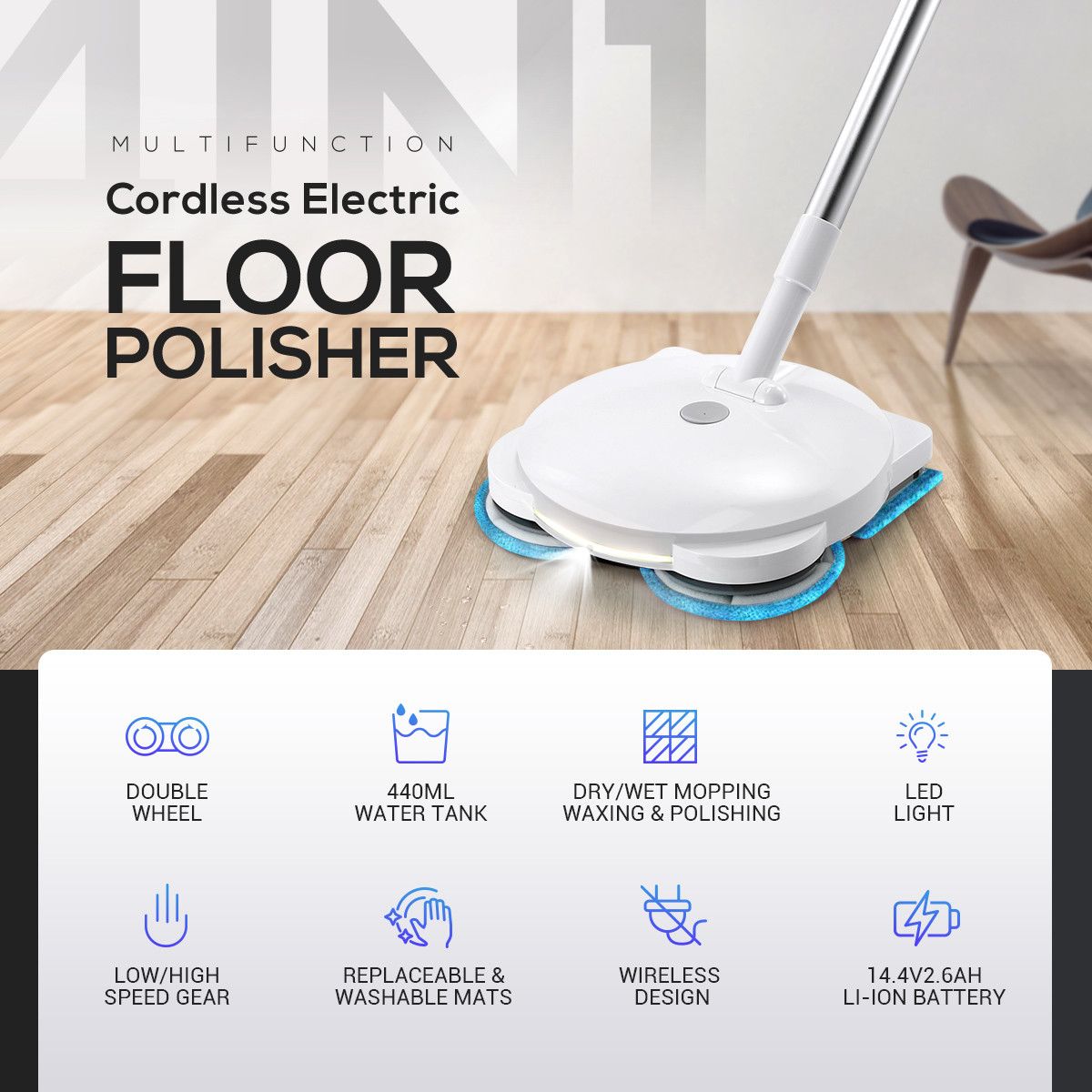 4 In 1 Cordless Electric Mop Spin Floor Cleaner Polisher Hardwood Tile ...