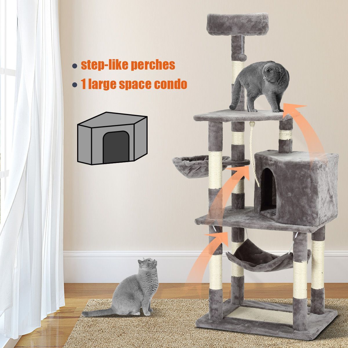 153cm Large Cat Scratching Post Cat Gym Tree with Cat Condo Rope Toy ...