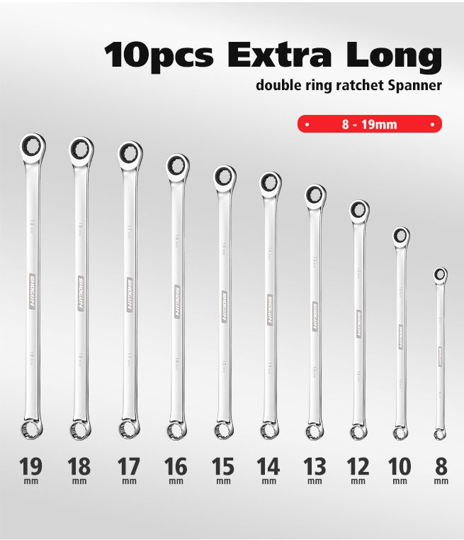 10 PCS Extra Long Double Ring Cr-V Ratchet Spanner Set 72 Tooth Wrench ...