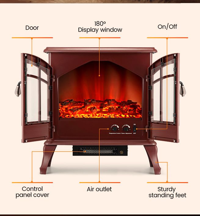 22 Inch 1800W Freestanding Electric Fireplace Stove Realistic LED Flame ...