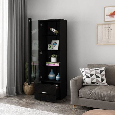Glass Front Tall Display Cabinet 190cm Black LED Storage Unit with 1 ...