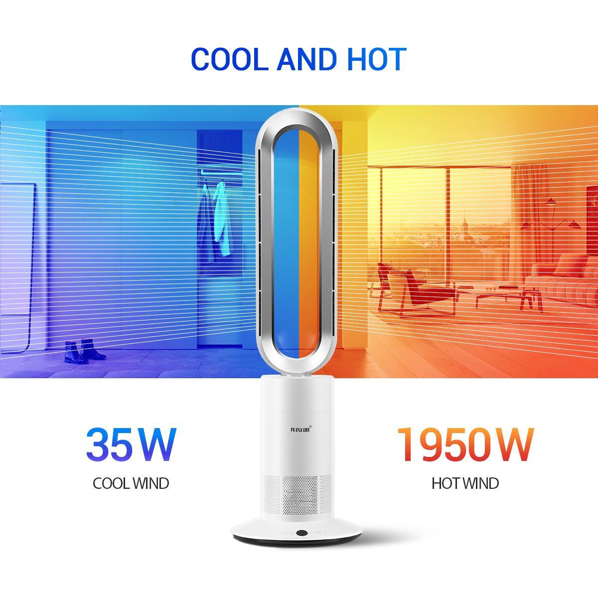 2 In 1 Tower Fan Bladeless Cool Hot Heater Oscillating Heating with LED ...