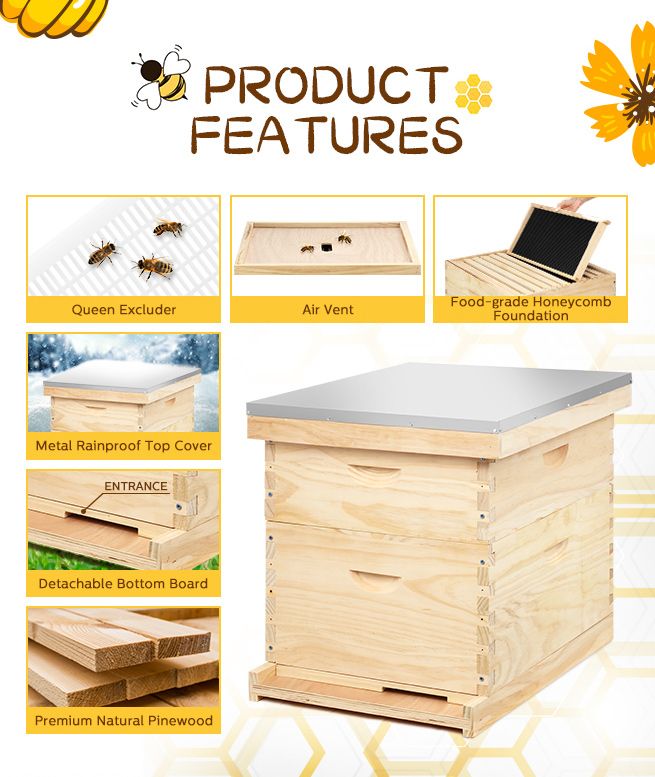 2 Layers Honey Bee Hive Box Beehive Kit Beekeeping Starter Set Backyard ...