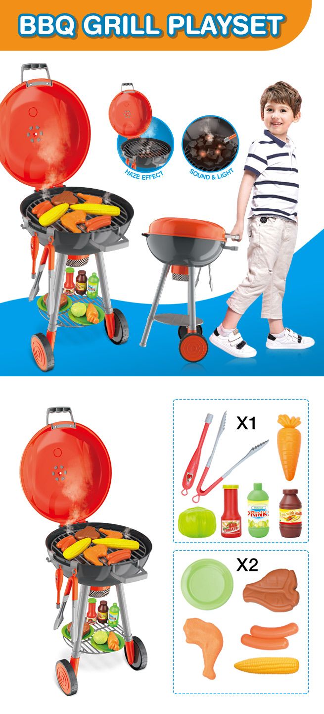 Kids Pretend BBQ Grill Barbeque Playset Toy Set with Sound LED Light ...