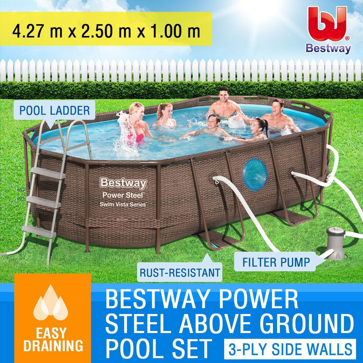 Bestway Rattan Print Steel Frame Above Ground Swimming Pool W/Antimicrobial Filter 4.27X2.5X1M ...