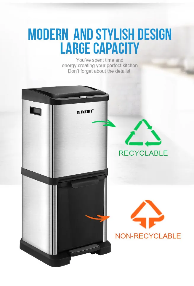 Kitchen Space Saving Vertical 34L Dual Compartment Pedal Waste Bin ...