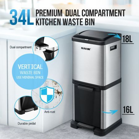 Kitchen Space Saving Vertical 34L Dual Compartment Pedal Waste Bin ...