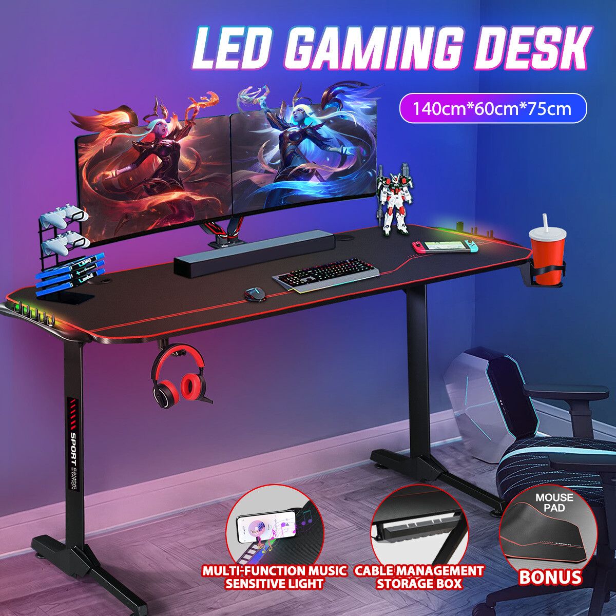 RGB Gaming Desk Carbon Fibre Racer Table Computer Desktop Study ...